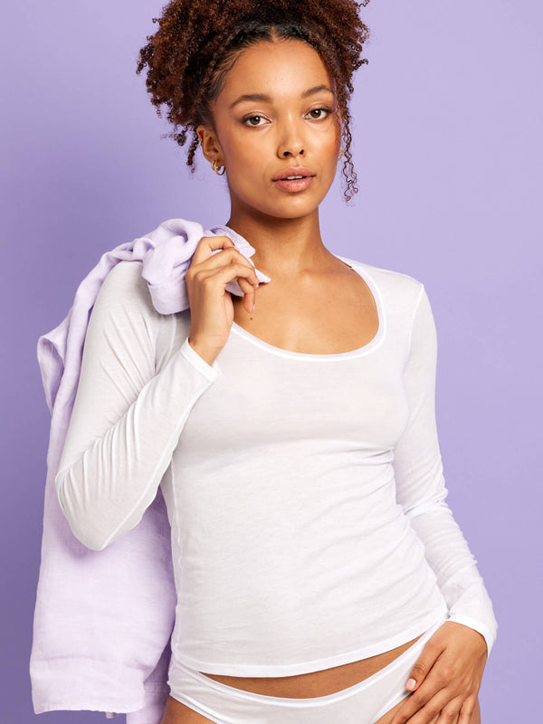Pure Cotton Long Sleeve White Layering Top - Kayser Lingerie